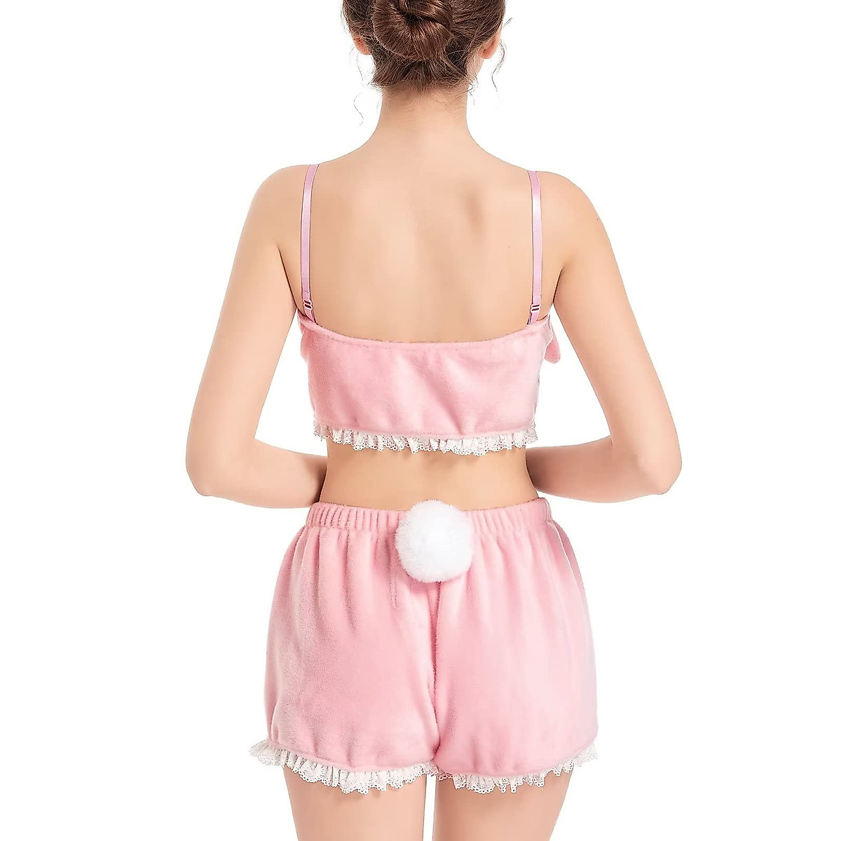 Landofgenie Cozy Womens Pajamas Tank Top and Shorts Set Fuzzy Lounge Set Women Cosplay Lingerie Pink Bunny XL