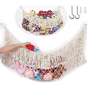 Large Stuffed Animal Hammock - [56'' Wide/Upgraded Handwoven Macrame/Cream] Toy Storage Net Hammock for Flat Wall, Hardware Included