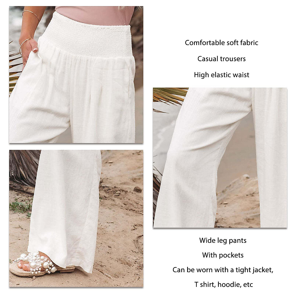 Women's Lightweight Wide Leg High Waist Culottes with Elastic Waist Casual Pants(XL-White)