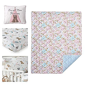 Levtex Baby Malia Floral Pink, Teal, White - 5PC Toddler Set - Kids Bedding - Reversible Quilt, Fitted Sheet, Flat Sheet, Standard Pillow Case, Decorative Pillow