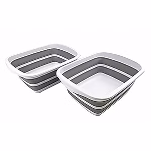 SAMMART 10L (2.6 Gallon) Collapsible Tub-Foldable Dish Tub-Portable Washing Basin-Space Saving Plastic Washtub (White/Grey (Set of 2))