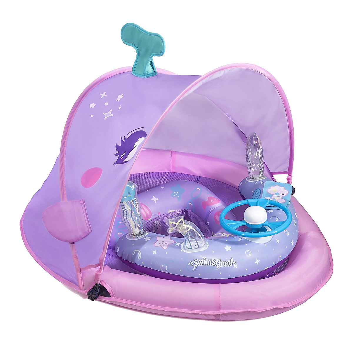 SwimSchool Baby Pool Float with Adjustable Canopy - 6-24 Months - Includes 5-Toy Interactive Play Console Safety Seat - Pink