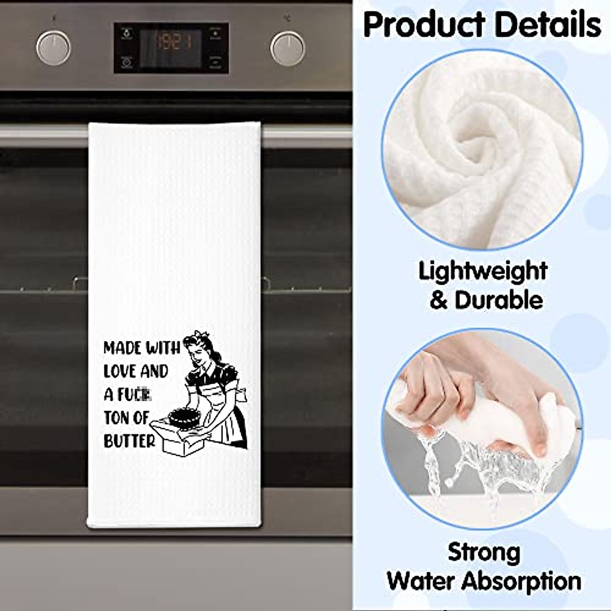 RZHV Made with Love and A Ton of Butter Kitchen Towel, Funny Retro Housewife Dish Towel Gift for Women Sisters Friends Mom Aunty Hostess Bake Lover, Housewarming New Home