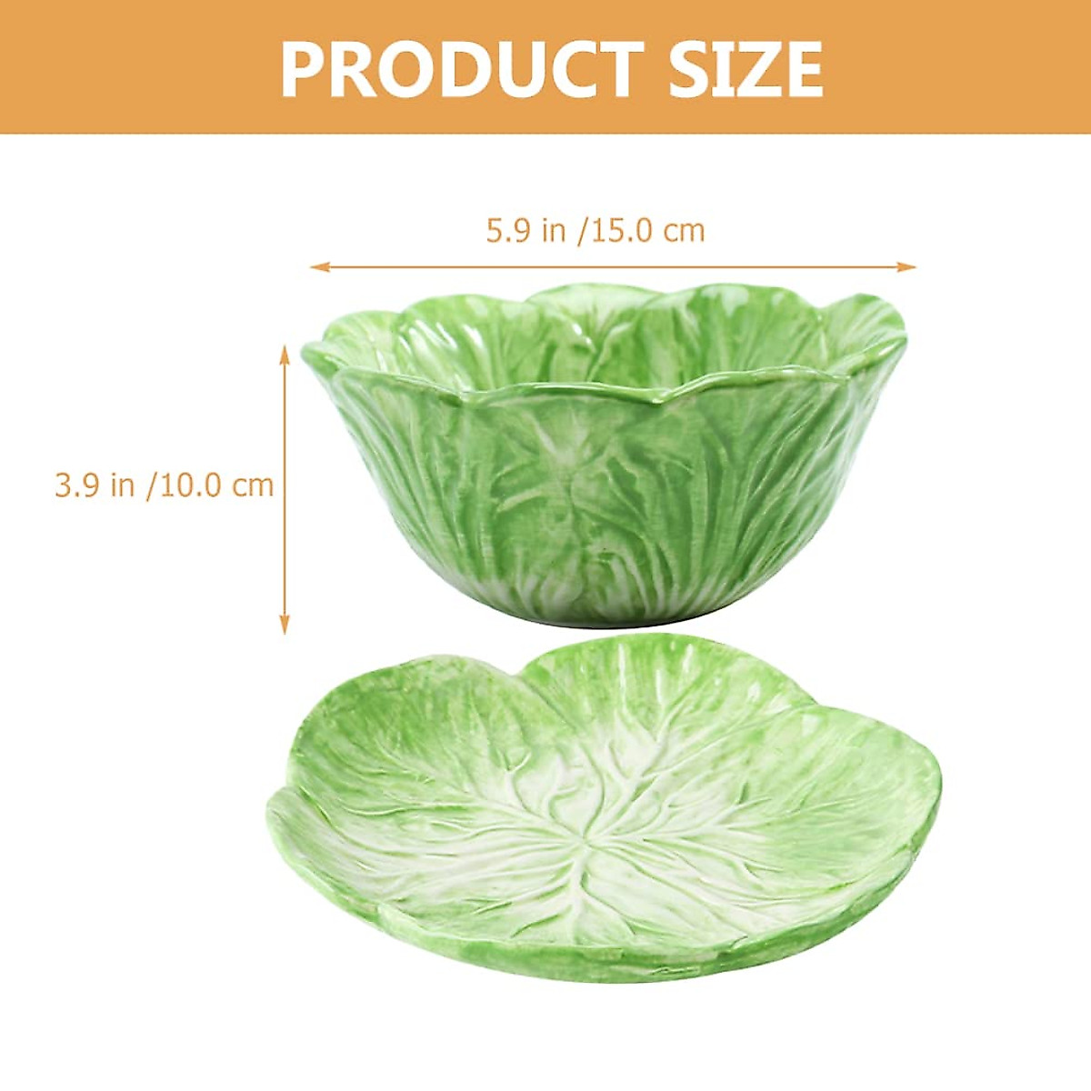 GANAZONO 1 Set Ceramic Cabbage Bowl with Plate Fruit Salad Bowl Cartoon Dinner Plate Soup Bowls Easter Food Snack Container for Kitchen Green Ramen Bowl