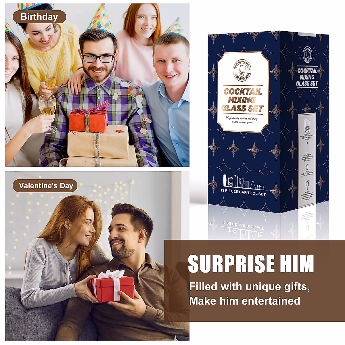 25 oz Crystal Cocktail Mixing Glass Set - Bartender Kit for Drinking Lover - Stainless Steel Hand Shaker, Spoon, Ice Tongs, Jigger, Pourer, Strainer & Muddler for Home Bar