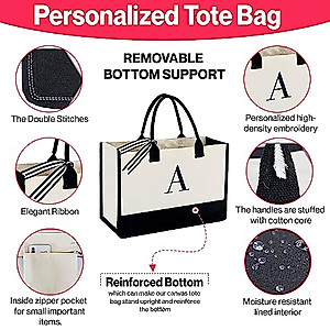 CONTROL KITCHEN Personalized Initial Tote Canvas Beach Bag, Monogrammed Gift Tote Bag for Women, Gift Package Included