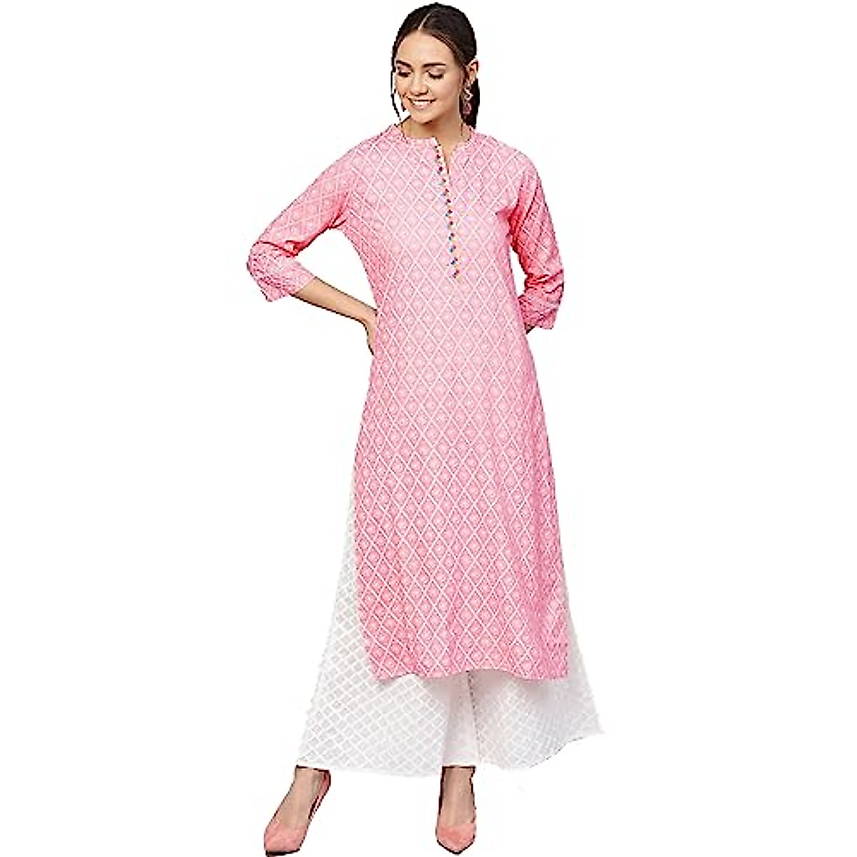 Chandrakala Women's Rayon Cotton,Printed kurti 3/4th Sleeve Straight Kurti Palazzo Set,X-Large,Pink (K227PIN4)