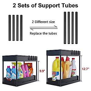 Under Sink Organizers and Storage - Adjustable Height Sliding 2-Tier Pull Out Drawer Rack Multi-Purpose Under Sink Shelf Organizer for Kitchen Bathroom Under Counter Cabinet Storage (Dark Black-2pcs)