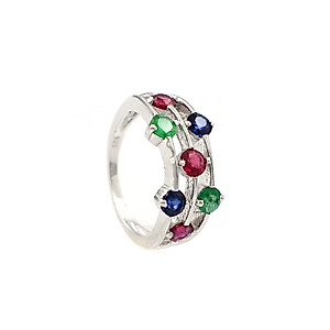 Natural Ruby Emerald Sapphire Mix Gemstone 4 MM Round Cut 925 Sterling Silver Cluster Unisex Proposal Ring For Christmas Gift (Rhodium Plated Silver, 11)