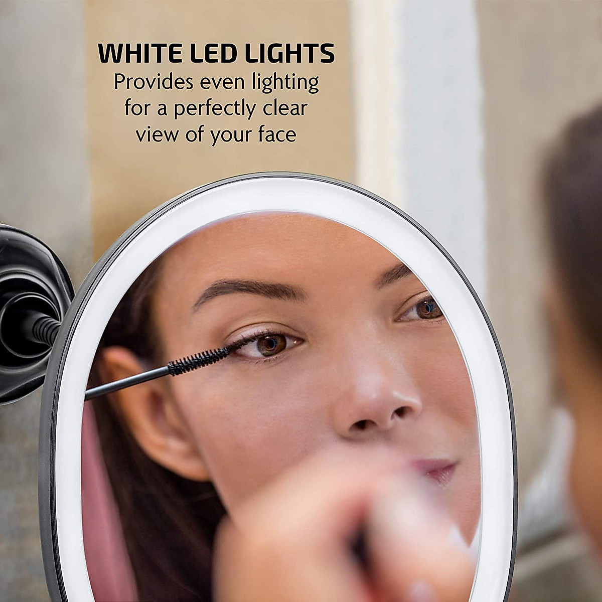 OVENTE 9'' Lighted Wall Mount Makeup Mirror with Mini Magnetic 10X Magnifying Mirror, Rechargeable Vanity Mirror, Touch Screen Dimmable LED Lights, Flexible Gooseneck & Suction Mounting, Black MOW22B