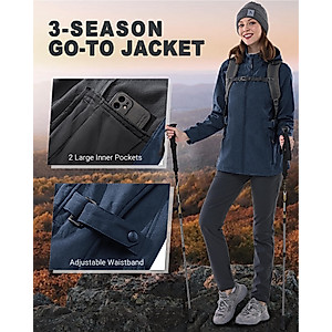 Outdoor Ventures Women's Softshell Jacket with Removable Hood, Insulated Windbreaker Waterproof Warm Fleece Lined Coat