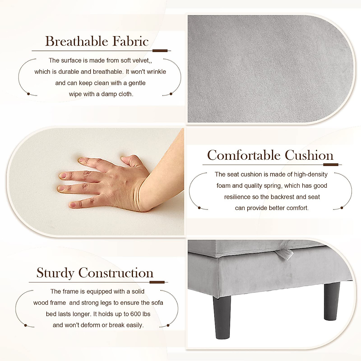 Modern Velvet Pull Out Sleeper Sofa Bed with Chaise, Comfy L Shaped Convertible Couch with Storage and Pocket, Sectional 3 Seat Couch for Living Room Furniture or Office, Smooth Back - Light Gray