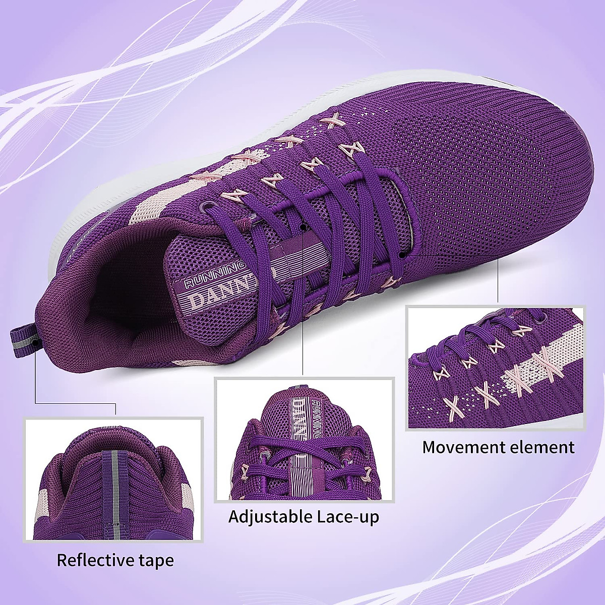 Dannto Women Running Shoes Lightweight Walking Sneakers Tennis Gym Athletic Sports Casual Fashion Jogging Purple,38,US 8