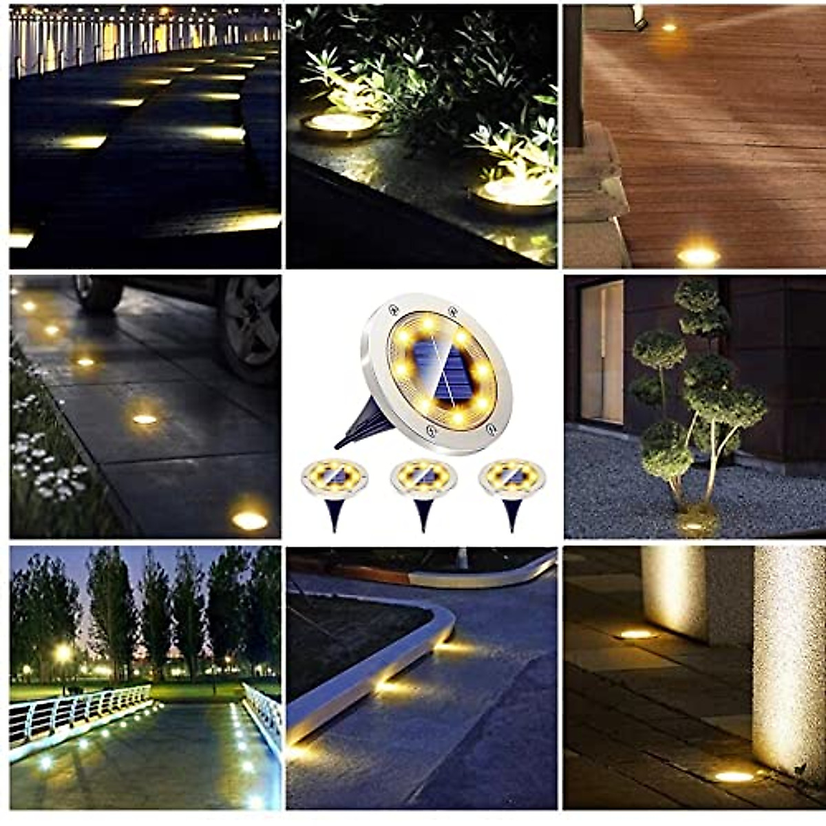 Achbeah Solar Ground Lights, 8LED Warm White Solar Garden Lights Outdoor Waterproof Sidewalk Disk Bright In-Ground Landscape Lighting for Lawn Patio Pathway Yard Steps Deck Walkway Light (4 Packs)