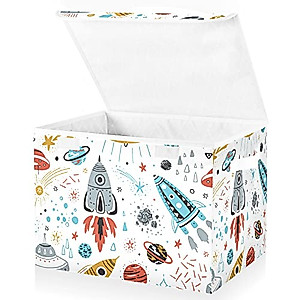 Space Rockets Planets Storage Bin with Lid Large Oxford Cloth Storage Boxes Foldable Home Cube Baskets Closet Organizers for Nursery Bedroom Office
