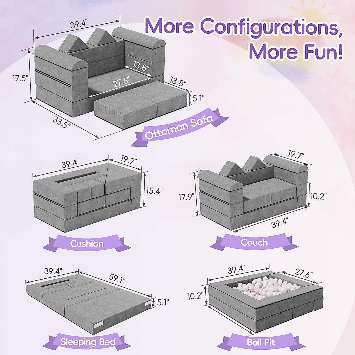 Xilingol Kids Couch Toddler Couch, 10Pcs Kids Modular Play Couch, Kids Sofa with Ottomans, Convertible Foam Couch Play Set for Creative Child, Kids Furniture for Playroom (Gray)