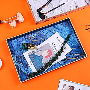 Zosenley Decorative Tray, Marbling Plastic Tray with Handles, Rectangular Vanity Tray and Serving Tray for Bathroom, Kitchen, Ottoman and Coffee Table, 15.6” x 10.2”, Blue