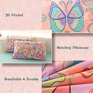 Podol Girls Pink Comforter Set Full Size, Butterfly Flowers Pattern Bedding Set, 5pc Lightweight Bed in A Bag with 1 Comforter, 2 Pillowcases, 1 Flat Sheet and 1 Fitted Sheet for Kids