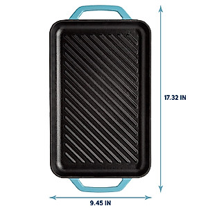Country Living Enameled Cast Iron Grill Pan, Family Sized Rectangular Griddle, Durable Indoor and Outdoor Cookware, 17" x 9.5", Blue