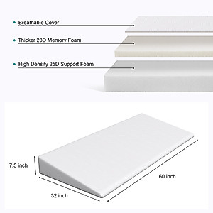 TOLEAD Bed Inclined Wedge Pillow, 7.5 Inch Bed Incline Mattress Topper, Wedge Mattress Elevator for Acid Reflux, Post Surgery, Anti-snoring, Queen, White
