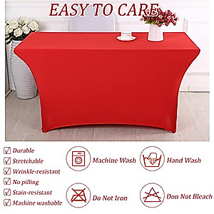 6FT Spandex Table Cover Table Cloth for Folding Tables Fitted Rectangular Tablecover Washable Wrinkle Resistant Polyester Stretch Red Tablecloth Protector for Wedding Banquet Party (4 Pack, Red)