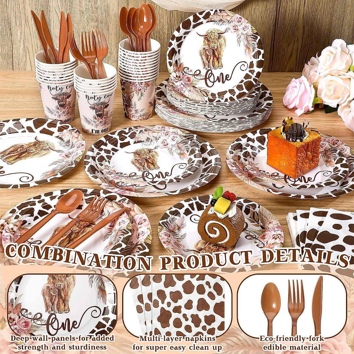 Tanlade 324 Pcs Highland Cow Birthday Decorations Birthday Party Supplies Serves 36 Baby Shower Dinner Plates Disposable Plates Cups and Napkins for Baby Shower Birthday Party Supplies