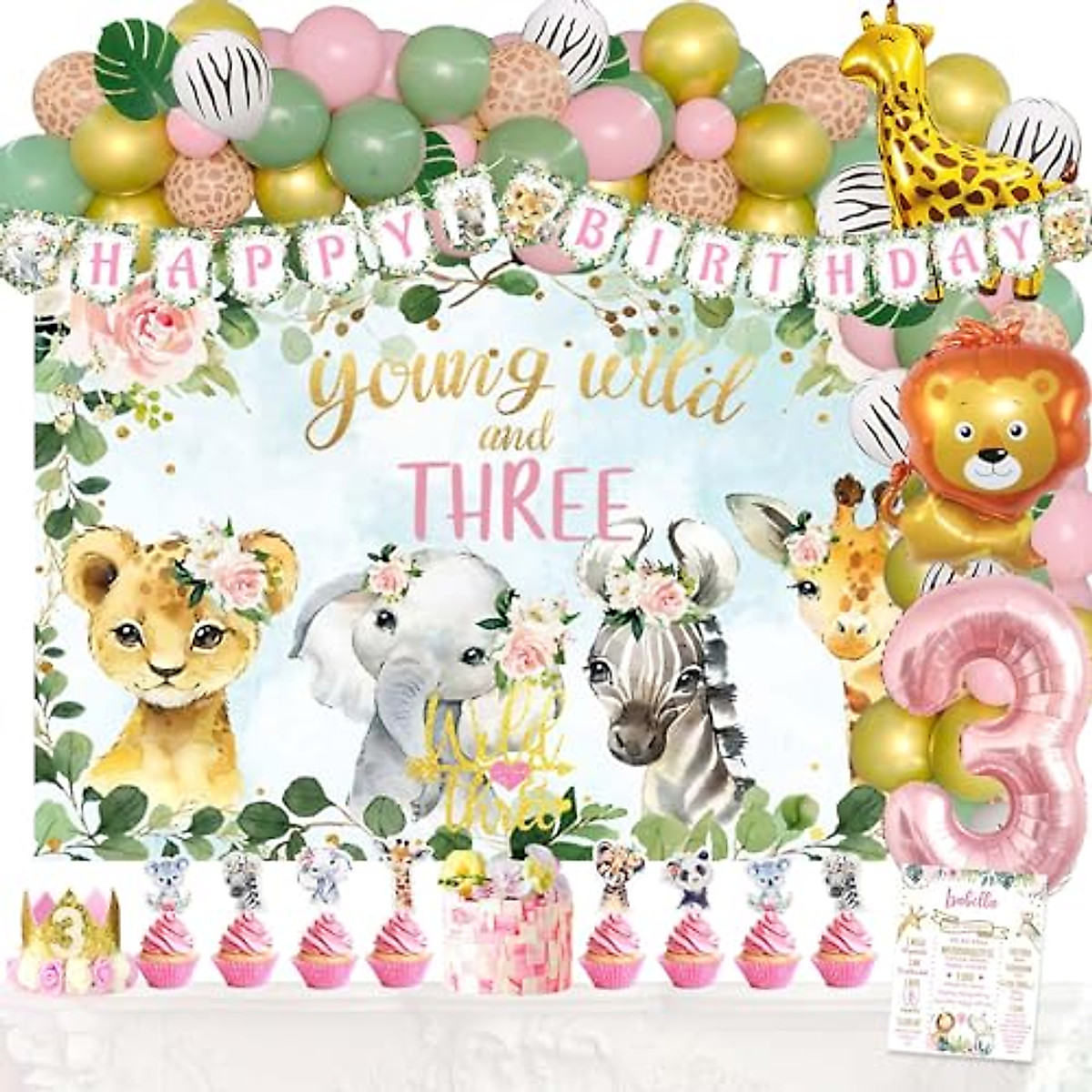 Fiesec Young Wild and Three Decorations Girl, Jungle Safari Animal Theme 3rd Party Decorations Backdrop Balloons Banner Cake Cupcake Topper Poster Crown Lion Cheetah Giraffe Pink 119 PCs