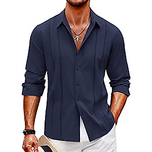 COOFANDY Men's Cuban Guayabera Shirts Casual Long Sleeve Button Down Shirt Summer Beach Tops Navy Blue