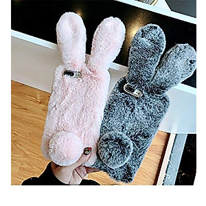 iPhone XR Rabbit Fur Case,Shinetop Bling Diamond Luxury Cute Soft Warm Fluffy Rex Rabbit Fur Case Winter Handmade Bunny Hair Plush with Crystal Bowknot Protective Cover for iPhone XR (2018) 6.1"-Pink