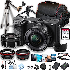 Sony a6400 Mirrorless Camera with 16-50mm Lens + 64GB Memory + Case+ Steady Grip Pod + Tripod+ Macro + 2X Lens + Software Pack + More (34pc Bundle)
