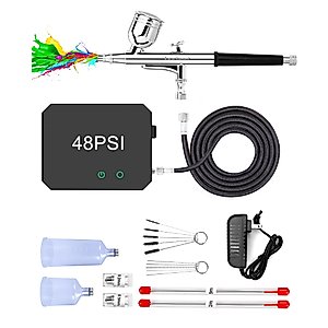 Gocheer Airbrush Kit with Air Compressor, 48 PSI High Pressure Air Brush Non-Clogging with 0.2/0.3/0.5mm Nozzle/Cleaning Sets, Ideal for Painting, Modeling, Cake Decor, Pastry, Makeup, Nail Art Black.