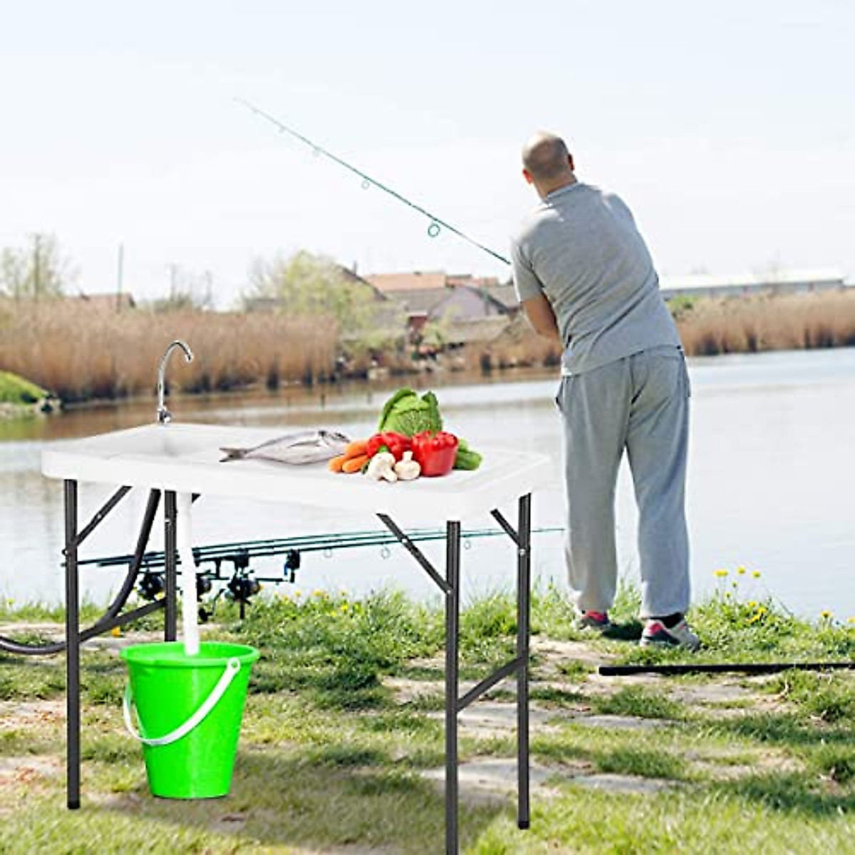 Goplus Portable Fish Cleaning Table with Sink, Folding Outdoor Camping Sink Station with Hose Hook Up, Heavy Duty Fillet Table with Faucet for Dock Beach Patio Picnic