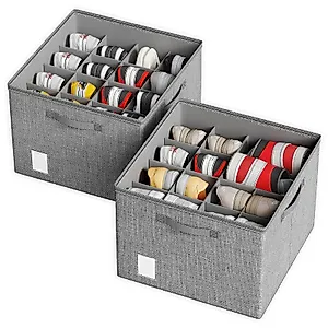 DIMJ Shoe Organizer for Closet - Adjustable Shoe Storage Organizer W/Clear Cover, Linen-like Shoe Storage Box Bins Cube, Foldable Shoes Holder w/Reinforced Handles Grey 2 Pack Fit up to 32 Pairs