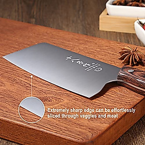 SHI BA ZI ZUO Chinese Knife Vegetable Meat Knife 6.7-inch Stainless Steel Slicer Cleaver, Wooden Handle with Moderate Weight