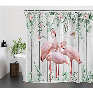 LB Flamingo Plant Shower Curtain Pink Flamingo Floral with Eucalyptus Leaves on Grey Board Shower Curtain Hummingbird Bathroom Decor with Hooks 78Lx72W Inch Waterproof Polyester Bath Curtain