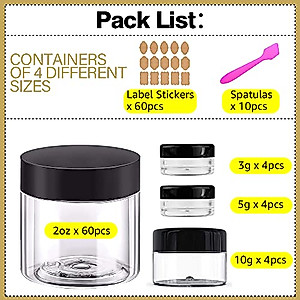 2 oz Plastic Containers with Lids 60pcs Plastic Jars with Lids + 3/5/10 Gram 12pcs Sample Containers Travel Jar– Great for Travel,Lip Scrub,Body Butters,Cream,Lotion Free Labels & Spatulas (72 Pack)