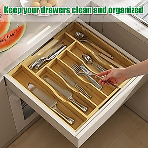 BAMBUROBA Drawer Dividers Silverware Tray Expandable Utensil Cutlery Tray Bamboo Wooden Adjustable 4 Compartments Flatware Organizer Kitchen Storage Holder for Knives Forks Spoons