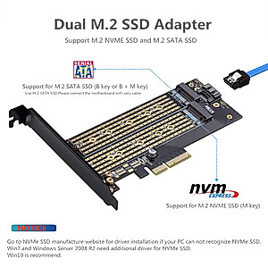 Dual M.2 PCIE Adapter for SATA or PCIE NVMe SSD with Advanced Heat Sink Solution,M.2 SSD NVME (m Key) and SATA (b Key) 22110 2280 2260 2242 2230 to PCI-e x 4 Host Controller Expansion Card
