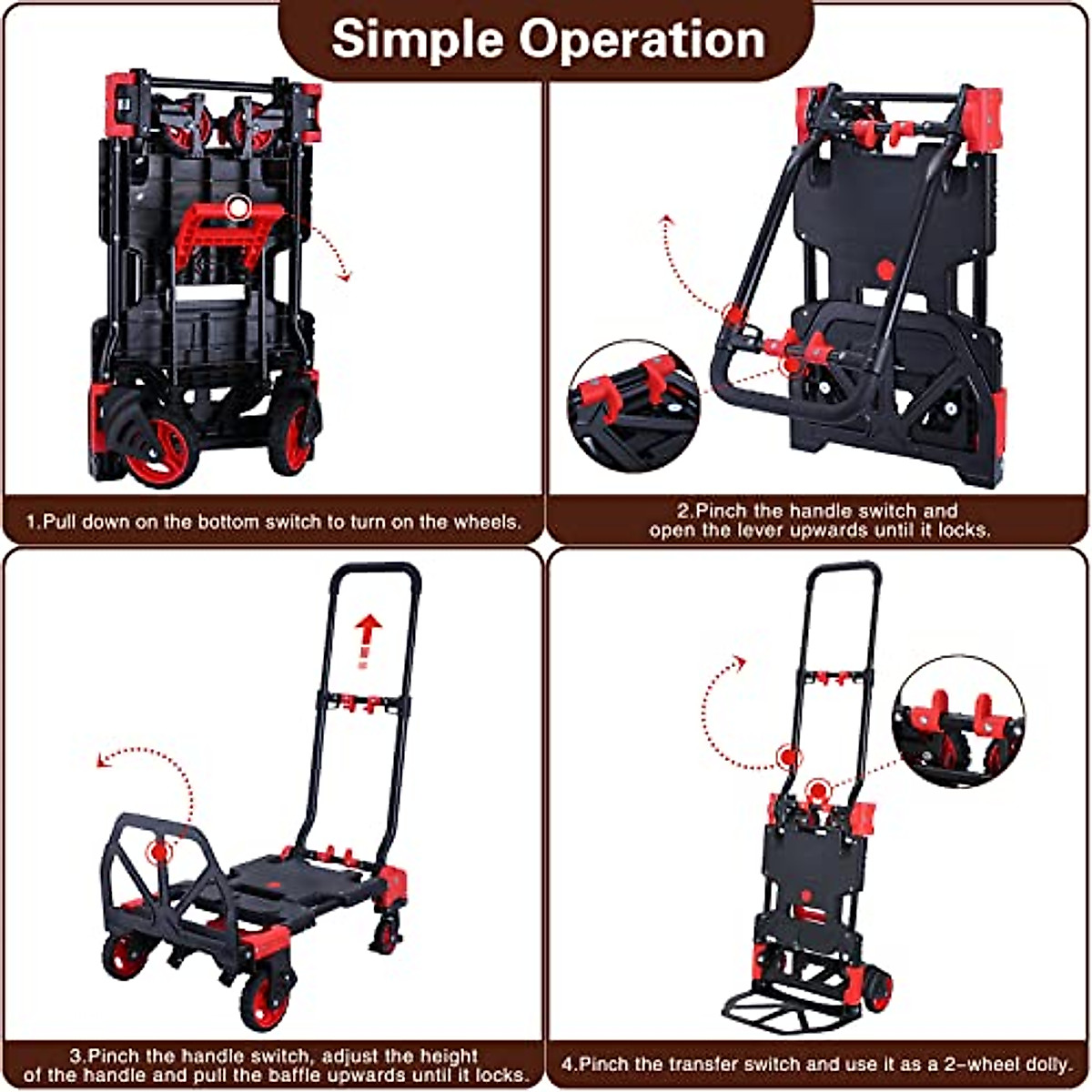 2-in-1 Folding Hand Truck Dolly 330LB Load Carrying,Hand Truck Foldable Dolly with Retractable Handle and 4 Rubber Wheels,Portable Folding Hand Cart for Luggage/Travel/Office
