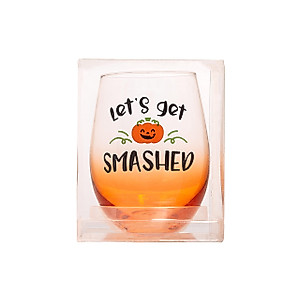 Pearhead Let's Get Smashed Stemless Wine Glass, Gradient Orange, Fall Holiday Home Decor Gifts, Halloween Stemless Wine Glass, 15 oz