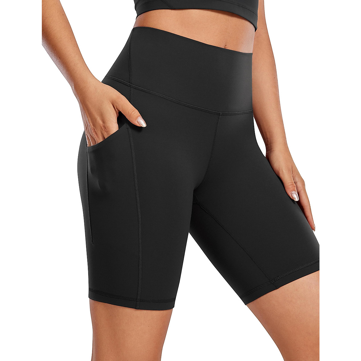 CRZ YOGA Women's Butterluxe Biker Shorts 8 Inches - High Waisted Workout Yoga Shorts Side Pockets Volleyball Buttery Soft Black Medium