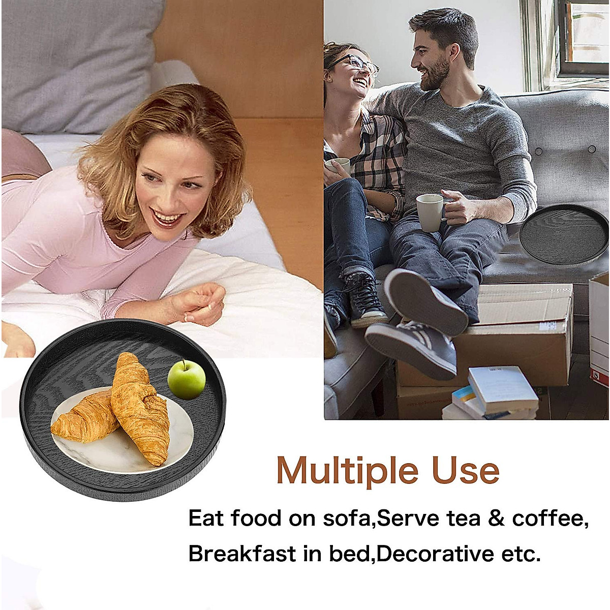 Round Wood Serving Tray, Solid Wooden Decorative Tray Non-Slip Tea Coffee Table Tray Snack Plate Food Meals Serving Tray with Raised Edges for Home Decor Kitchen Restaurant(11.8inch/30cm, Black)