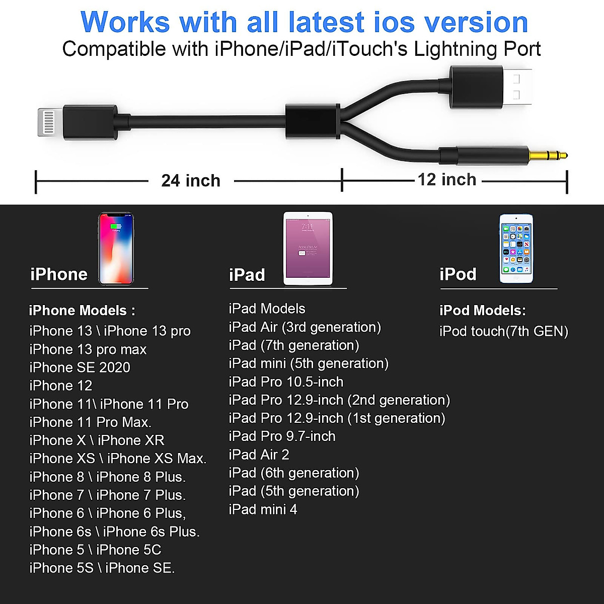 [Apple MFi Certified]2 in 1 Audio Charging Cable Compatible with iPhone,Lightning to 3.5mm Aux Cord Audio Jack Works with Car Stereo Speaker Headphone Car Charger Support iPhone13/12/11/11 Pro/XS/XR/8