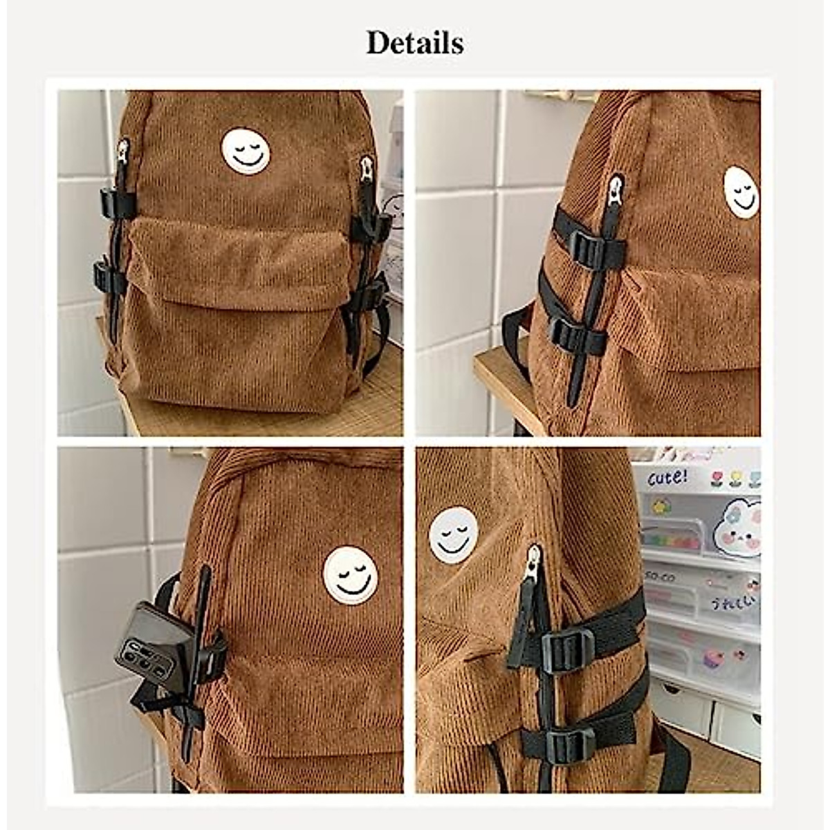 JHTPSLR Preppy Backpack Smiley Face Corduroy Backpack Cute Academia Aesthetic Backpack Autumn Corduroy Backpack Solid Book Bags (Sage Green)