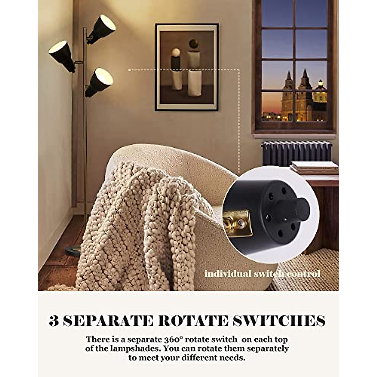 ELYONA Gold Tree Floor Lamp with 3 Adjustable Rotating Lights, Industrial Tall Pole Metal Standing Lights with 3 LED Bulbs for Living Room,Bedroom,Farmhouse,Office,Hotel, Vintage Brushed Brass & Black