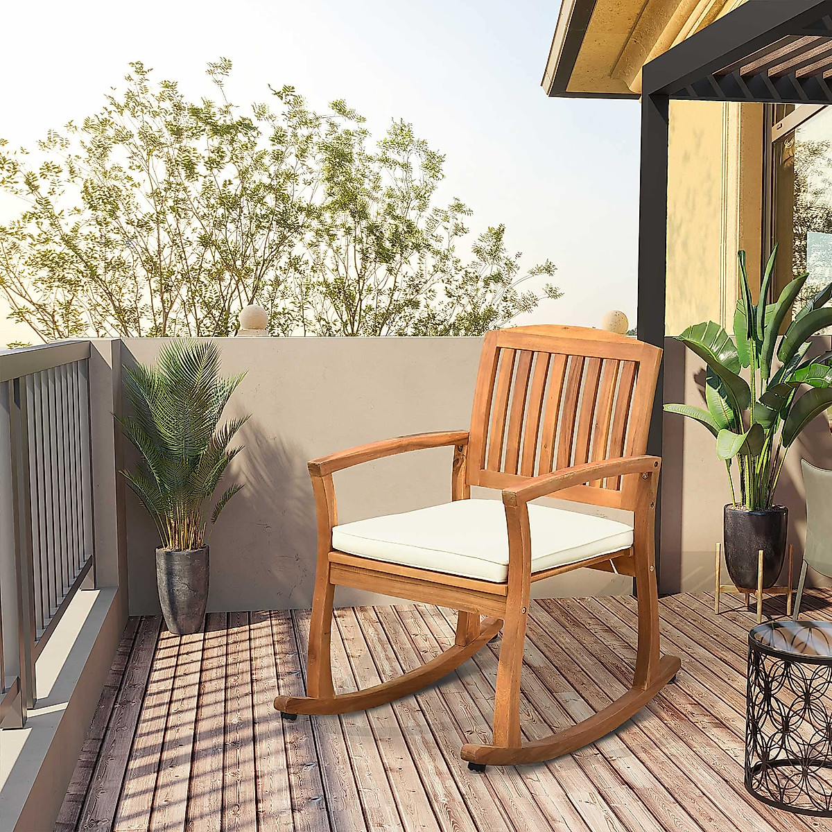 Outsunny Outdoor Rocking Chair with Cushion, Acacia Wood Patio Rocker for Backyard, Patio, Home, Teak Tone