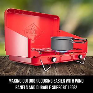 Hike Crew Gas Camping Stove | Portable Double Propane Burner | Built-in Carrying Handle, Foldable Legs & Wind Panels | Includes Regulator Tube
