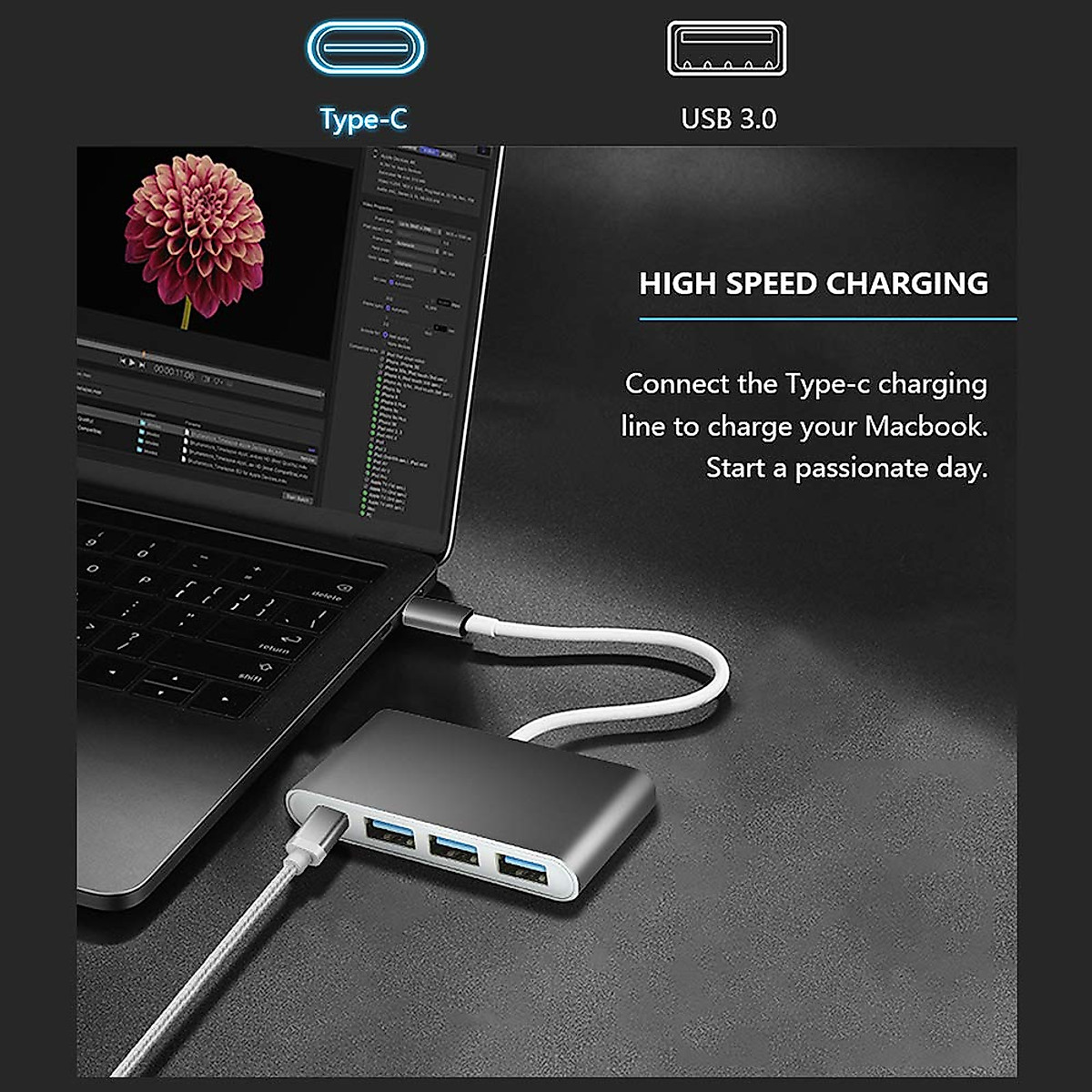 USB C hub HDMI Adapter, 4 in 1 Type C hub, 100W Power Supply, USB3.0 * 3+Type-C Interface, Suitable for MacBook Air, MacBook Pro, XPS, etc.