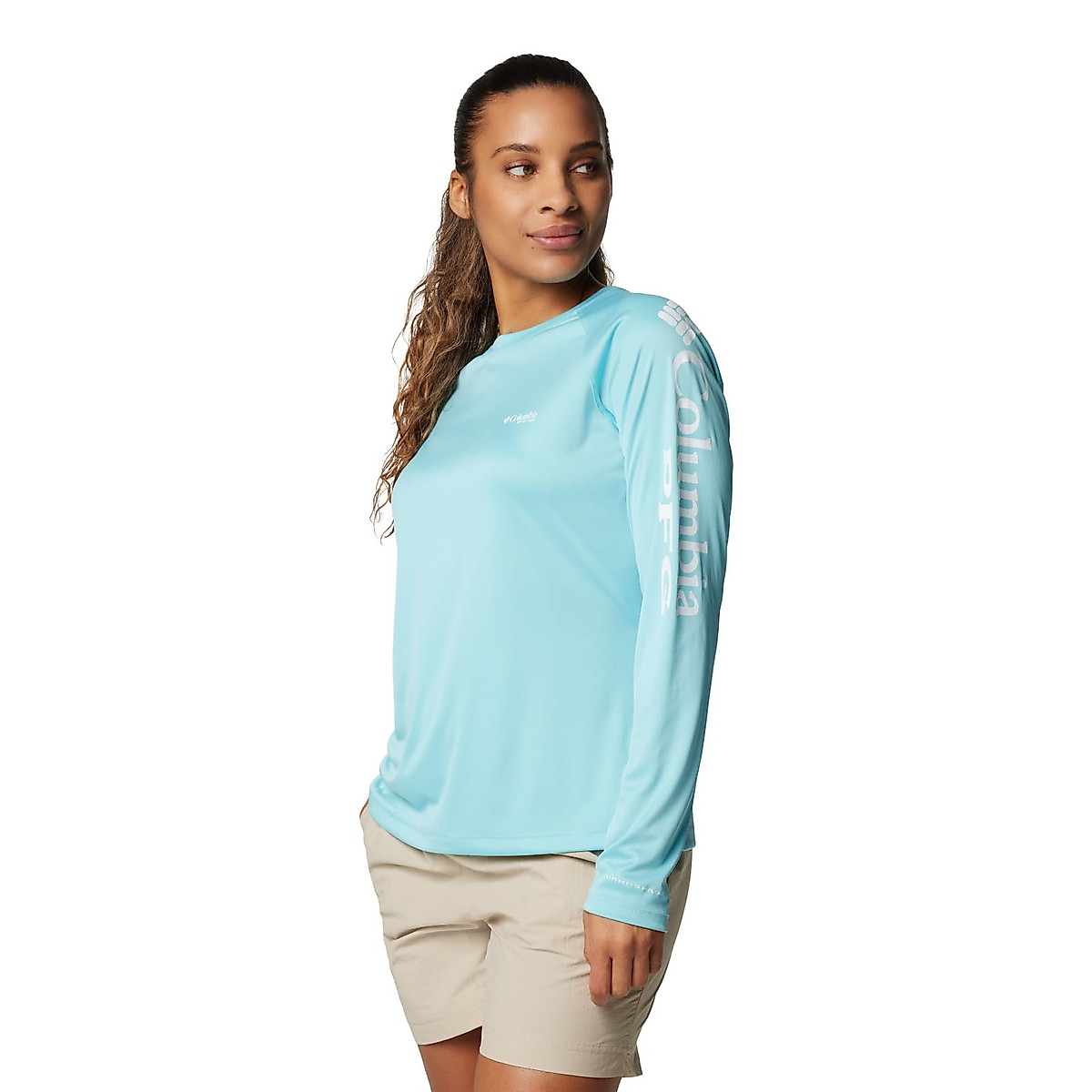 Columbia Womens PFG Tidal Tee II Long Sleeve Sun Protection Shirt, Clear Blue/White Logo, Medium