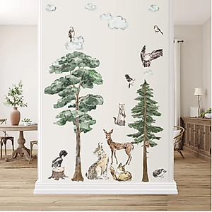 68in X-Large Pine Tree Safari Animals Wall Decals Woodland Nursery Wall Decor Watercolor Forest Animal Wall Decal Peel and Stick Deer Birds Owl Wolf Stickers for Kids Room Wall Art Baby Nursery Decor